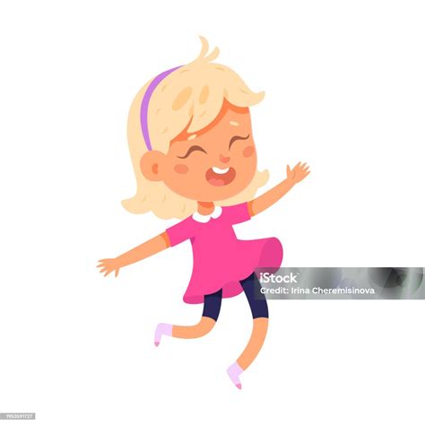 행복 점프 아이들 손을 들고 벡터 일러스트 레이 션 학교나 유치원에서 놀 수 있는 귀여운 재미 활동적인 소녀 만화 사랑 스러운 평온한 여성 캐릭터 댄스 생일 축하해요 댄스