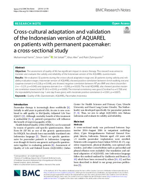 Pdf Cross Cultural Adaptation And Validation Of The Indonesian Version Of Aquarel On Patients