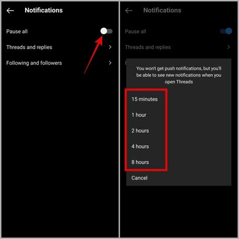 how to pause silence and disable the threads app notifications