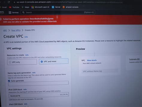 i cannot create a vpc even with the root user r aws