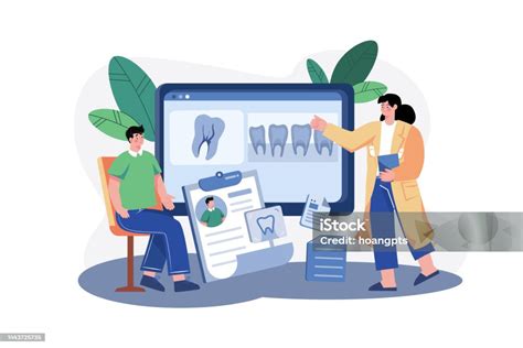 치과 의사가 환자를 검사하는 엑스레이 그림 개념 흰색 배경에 격리된 평면 그림 간호사에 대한 스톡 벡터 아트 및 기타 이미지