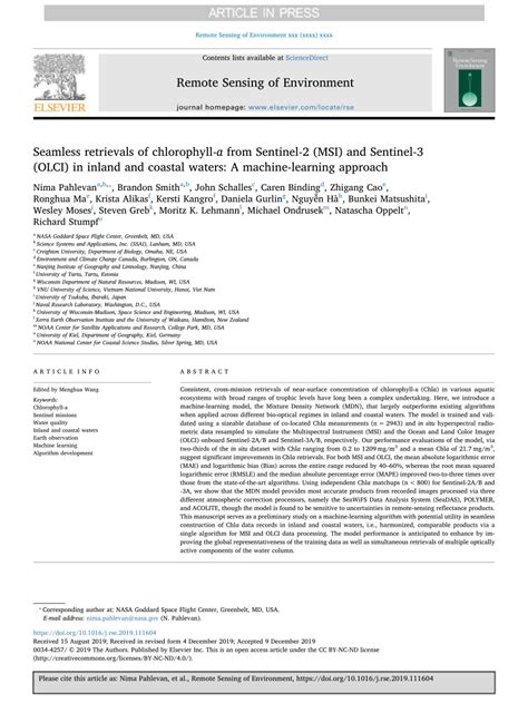 Pdf Seamless Retrievals Of Chlorophyll A From Sentinel 2 Msi And