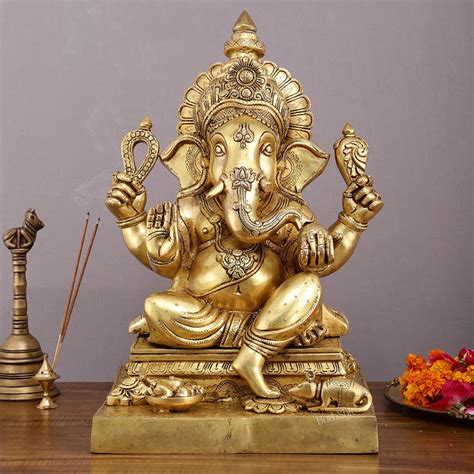 Large Brass Ganesha Statue With Mooshak 18 Grand Idol
