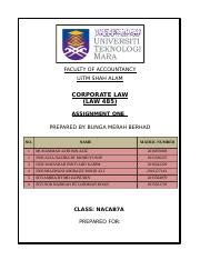 Assignment 1 Docx FACULTY OF ACCOUNTANCY UiTM SHAH ALAM CORPORATE LAW