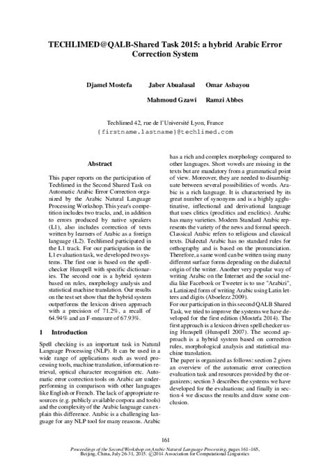 Pdf Techlimed Qalb Shared Task 2015 A Hybrid Arabic Error Correction System
