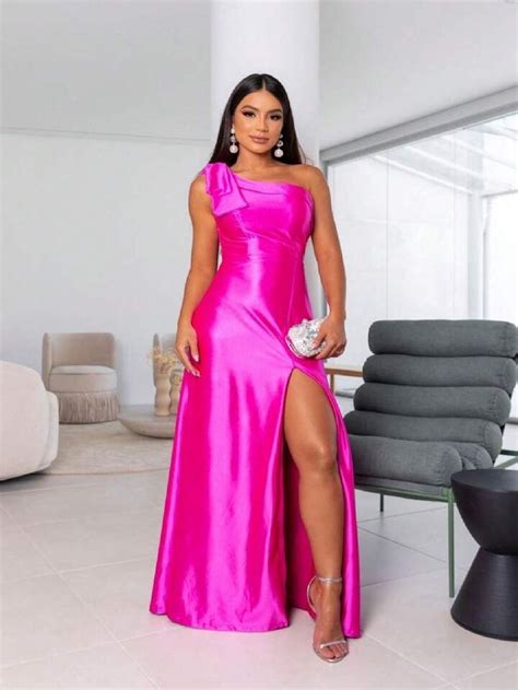 Vestido Longo Para Festa Um Ombro Acetinado Fenda Dhalyse Pink
