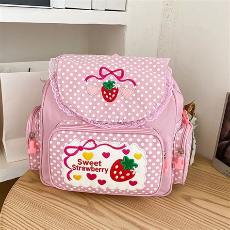 Kawaii Travel Daypack Милый рюкзак с вышивкой клубники для колледжа для ...