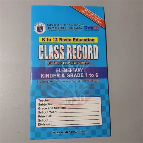 K To 12 Basic Education Class Record Elementary Kinder And Grade 1 To 6