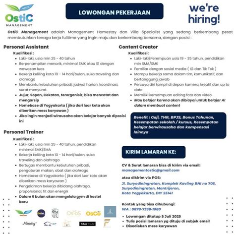 Lowongan Kerja Personal Assistant Personal Trainer Content Creator Di Ostic Management