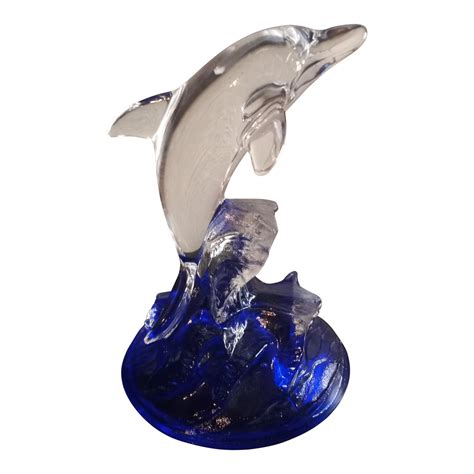 1970s Art Glass Clear Dolphin Figurine On Cobalt Blue Wave Base Chairish
