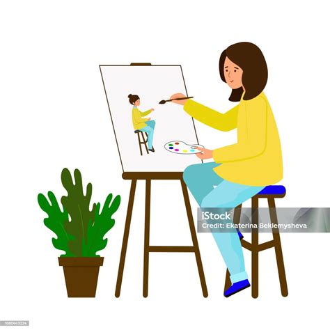 소녀 그림을 그립니다 예술가 자화상을 만듭니다 이 젤에 앉아 젊은 여자를 초상화를 그리는 그림 그리기에 대한 스톡 벡터 아트 및