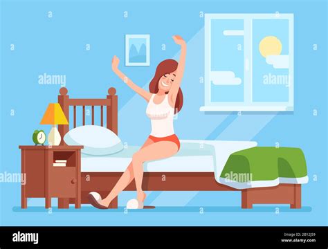 Lady Wakes Up Morning Lady Is Sitting On Mattress Cartoon Vector