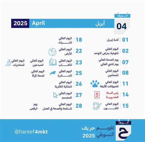 حريف الأيام والمناسبات لشهر أبريل 💛🙏 تقويمحريفالتسويقي تقويمحريفالتسويقي2025 Facebook