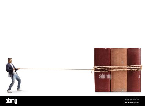 Full Length Profile Shot Of A Guy Pulling Books With A Rope Isolated On