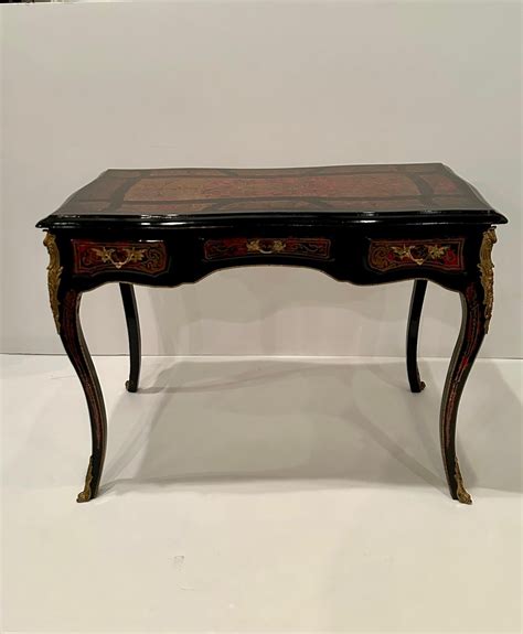 Eye Catching Black Laquer And Reddish Faux Tortoise Brass Inlaid Desk