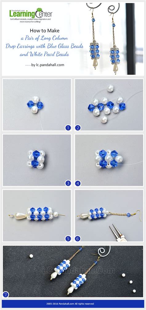 DIY Long Column Drop Earrings With Blue Glass And White Pearl Beads