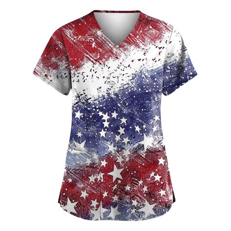 Qcmgmg American Flag Scrub Tops V Neck Scrub Tops Patriotic Stars