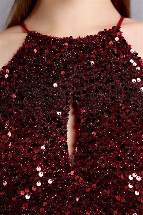 Queendancer Women Burgundy Sequin Mermaid Prom Dress Round Neck Formal