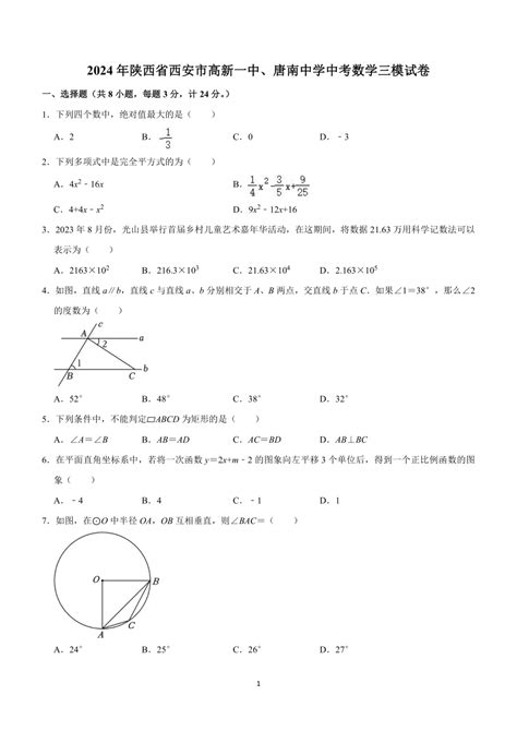 数学 2024年陕西省西安市高新一中、唐南中学中考数学三模试卷无答案 试卷下载预览 二一课件通