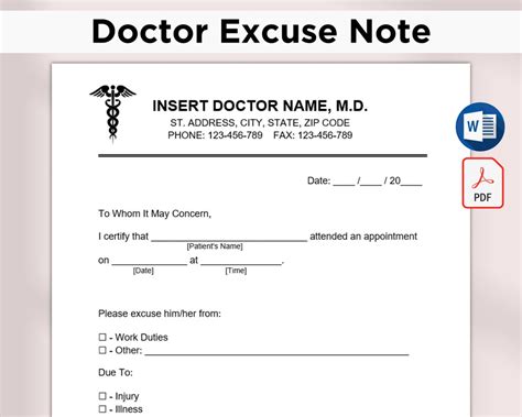 Editable Doctor Excuse Note For Work Printable Doctors Note Template Doctor Excuse Letter Form