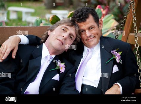 Portrait Of Very Handsome Gay Male Couple On Their Wedding Day Stock