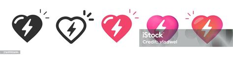 번개 에너지 아이콘 상징 벡터 그래픽 일러스트 레이 션 세트 간단한 평면 만화 기호 사랑 생명 힘 픽토그램 라인 스트로크 및 3d 이미지 클립 아트와 인공 심장 개념에 대한