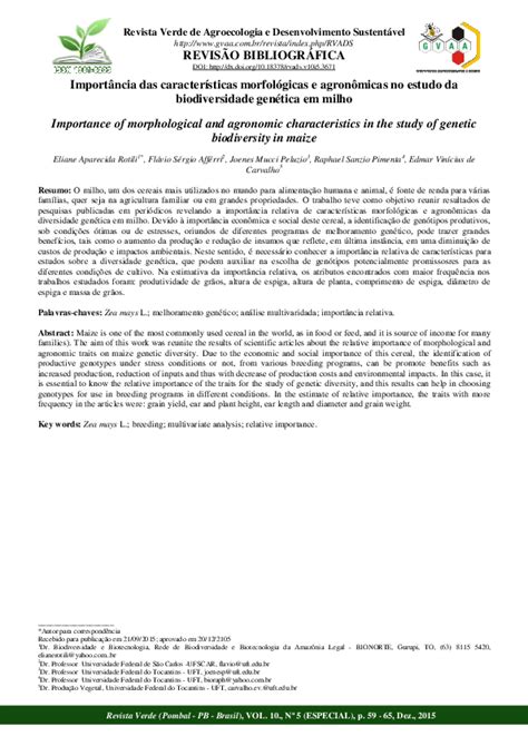 Pdf Importância Das Características Morfológicas E Agronômicas No