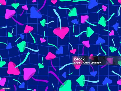 물결 모양의 그리드에 버섯이 있는 완벽한 패턴입니다 복고풍 사이키델릭 스타일의 버섯과 곡선 그리드가 있는 배경 배너 포스터 월페이퍼 및 표지를 위한 디자인 벡터 일러스트