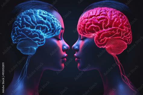 Neuroscience Romance Modern Digital Artwork Of Two Futuristic Human Profiles With Glowing Brains