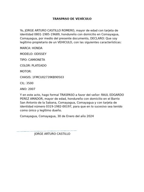 Traspaso De Vehículo Pdf