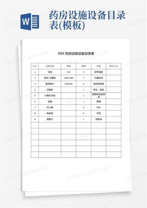 药房设施设备目录表 Word模板下载 编号lekxvdkz 熊猫办公