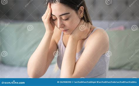 Sad Tired Young Woman Touching Forehead Having Headache Migraine Or