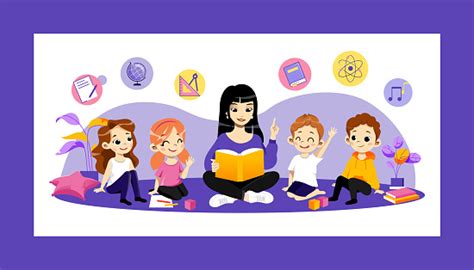 유치원에서의 교육과 학교 개념으로 돌아가기 학교 또는 유치원에서 아이들에게 책을 읽고 젊은 쾌활한 교사 행복한 아이들은 여자를