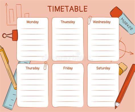 Weekly Class Timetable Template For Study Or Work With Subjects For
