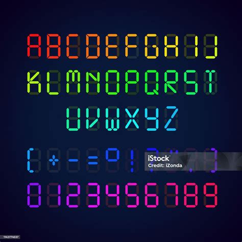 彩色數位發光字體的向量範本帶有標點符號的字母和數位的插圖向量圖形及更多倒數圖片 倒數 彩色 數碼螢幕 Istock