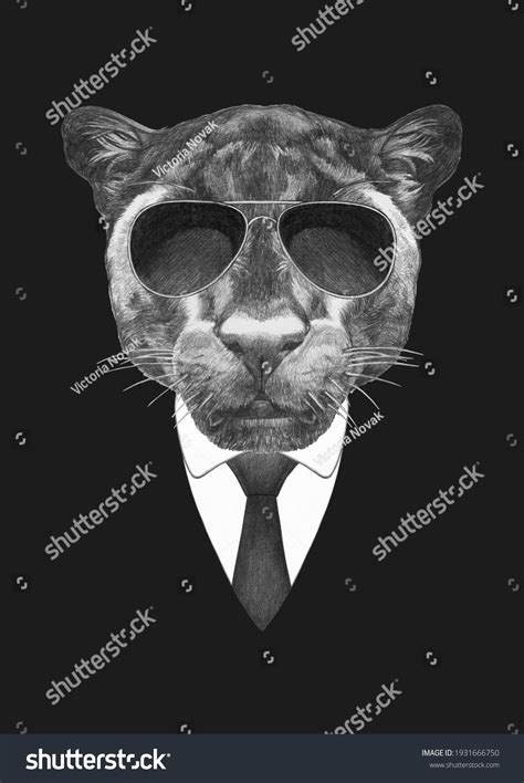 Portrait Panther Suit Sunglasses Bodyguard Handdrawn Stock Illustration