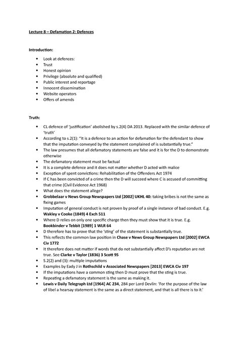 Lecture 8 Defamation 2 Defences Lecture 8 Defamation 2 Defences