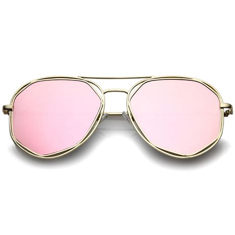 Geometric Hexagonal Metal Frame Colored Mirror Flat Lens Aviator