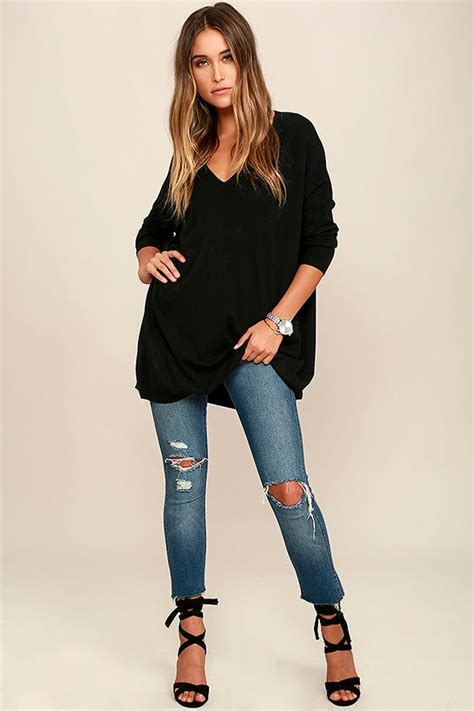 Black Sweater V Neck Sweater Oversized Sweater 4200