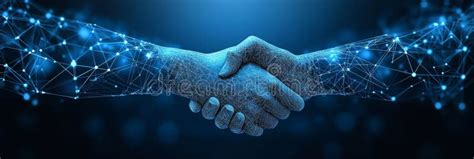 Digital Handshake On A Blue Technology Background Symbol Of Partnership Connection And