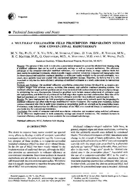 Pdf A Multileaf Collimator Field Prescription Preparation System For