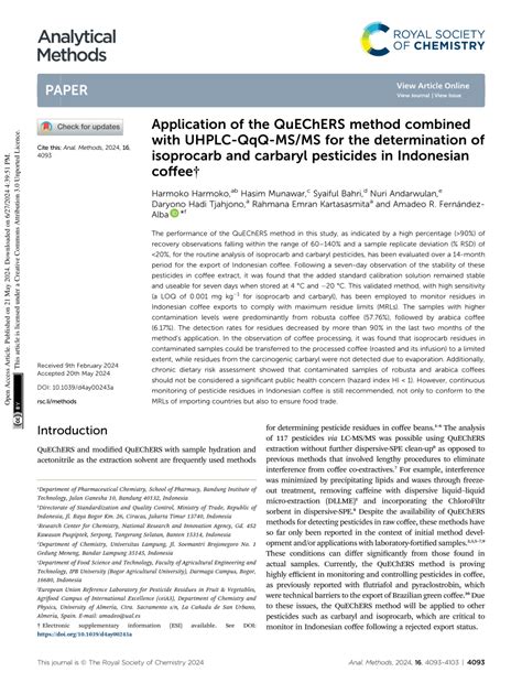Pdf Application Of The Quechers Method Combined With Uhplc Qqq Ms Ms For The Determination Of