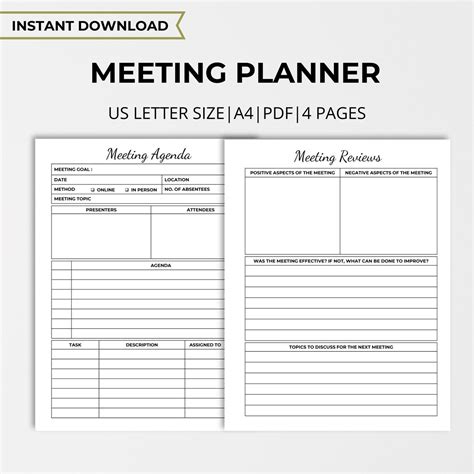 Meeting Notes Template Work Planner Printable Office Etsy