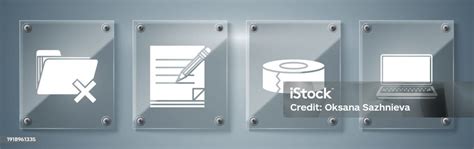 Set Laptop Scotch Blank Notebook And Pencil With Eraser And Delete Folder Square Glass Panels