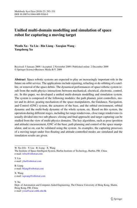Pdf Unified Multi Domain Modelling And Simulation Of Space Robot For Capturing A Moving Target