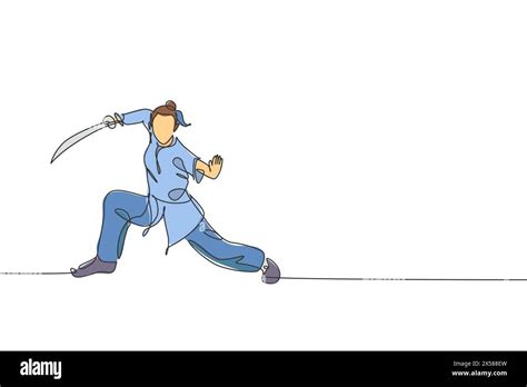 One Single Line Drawing Of Young Woman On Kimono Exercise Wushu Martial