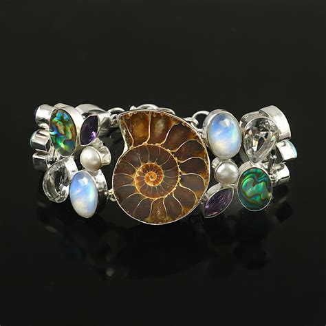 Ammonite Fossil Abalone Labradorite Amethyst Moonstone Bracelet Silver Plated Jewelry
