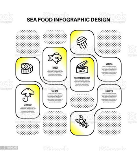 資訊圖設計樣本與海食關鍵字和圖示向量圖形及更多信息圖形圖片 信息圖形 吞拿魚 海產 蝦 海產 Istock