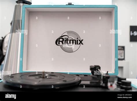Vinyl record player Ritmix for sale in store. Minsk, Belarus, July 30 ...