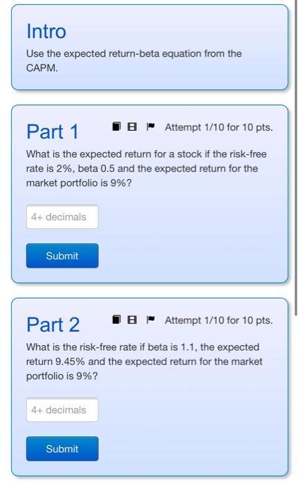 solved intro use the expected return beta equation from the